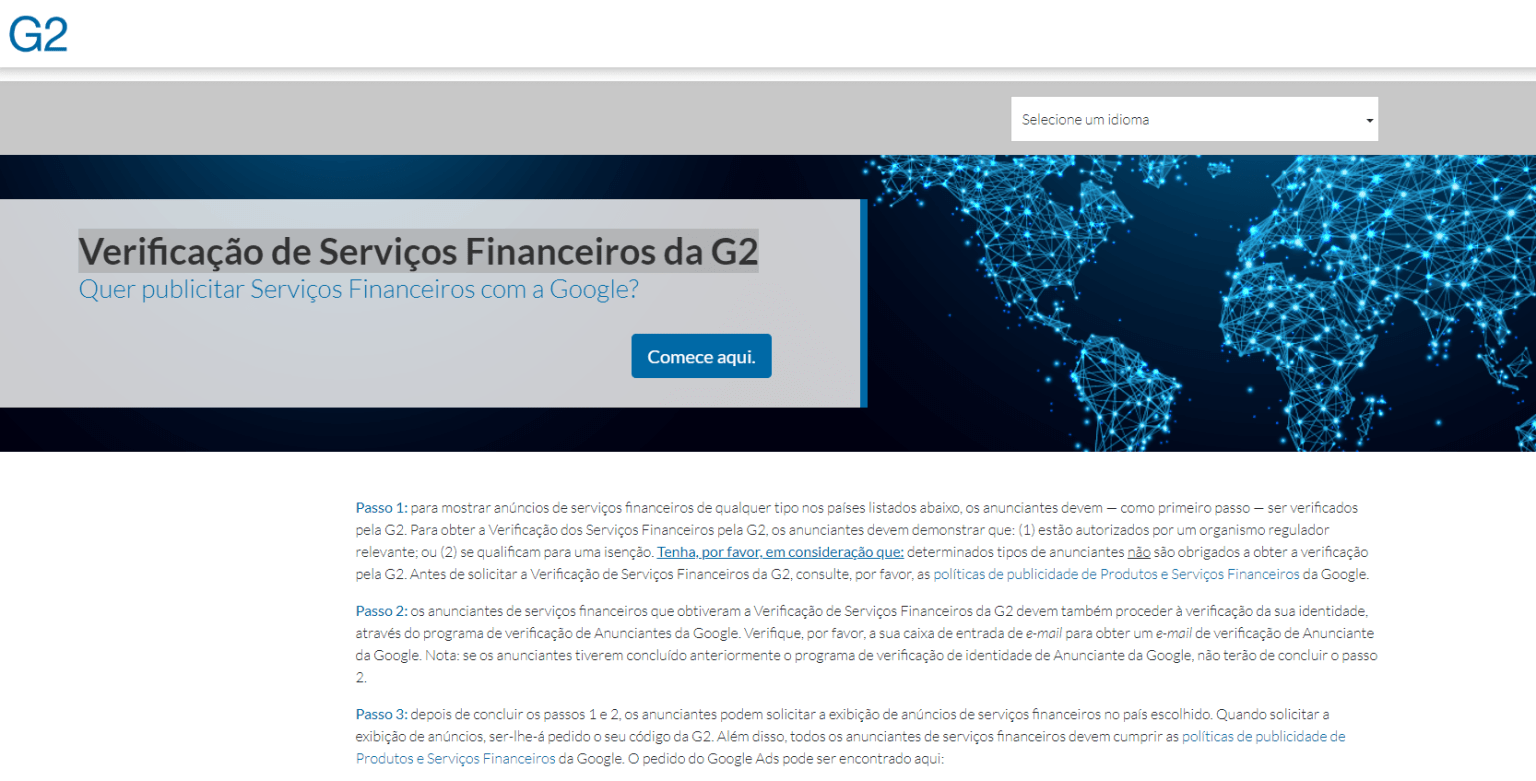 Verificação de serviços financeiros do Google Ads Brasil: e-mail da G2 ...